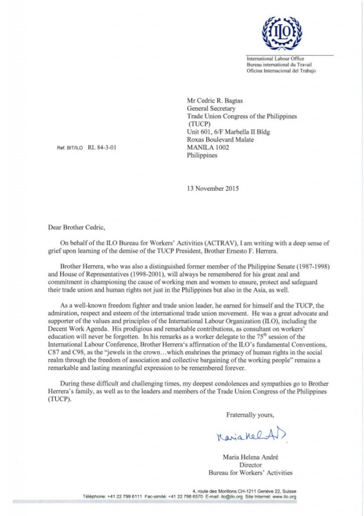 Messages of Condolence - National Trade Union Center of the Philippines